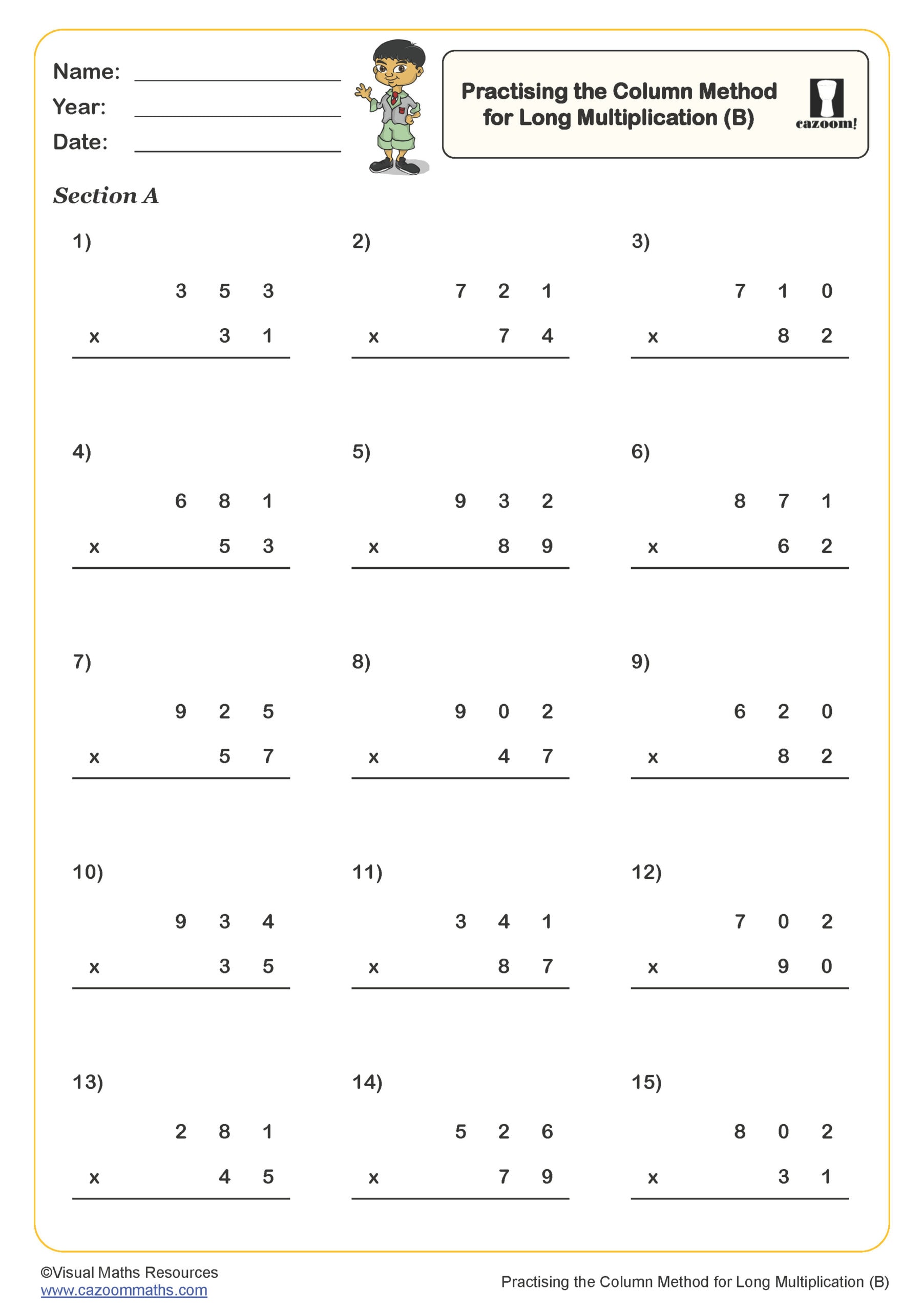Practising the Column Method for Long Multiplication (A) Worksheet ...