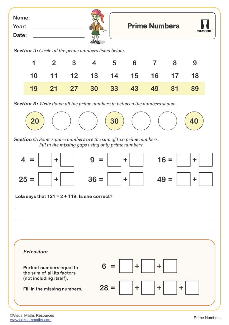 Prime Numbers Worksheet | PDF printable Number Worksheets