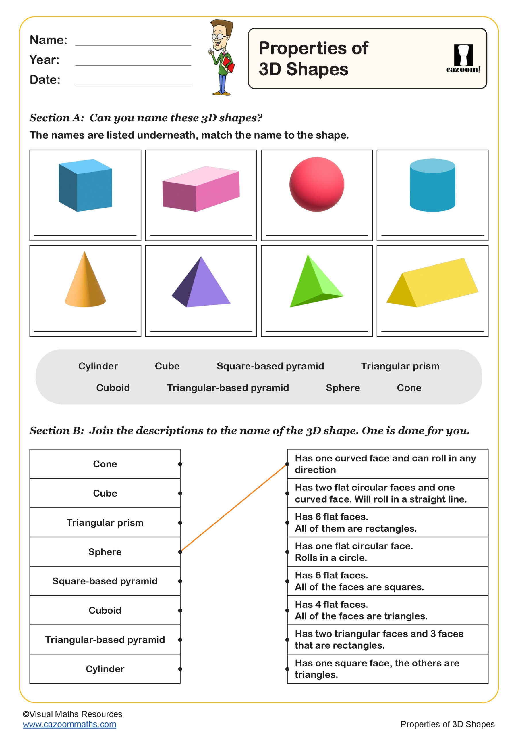Properties of 3D Shapes Worksheet | Key Stage 1 PDF Geometry Worksheets