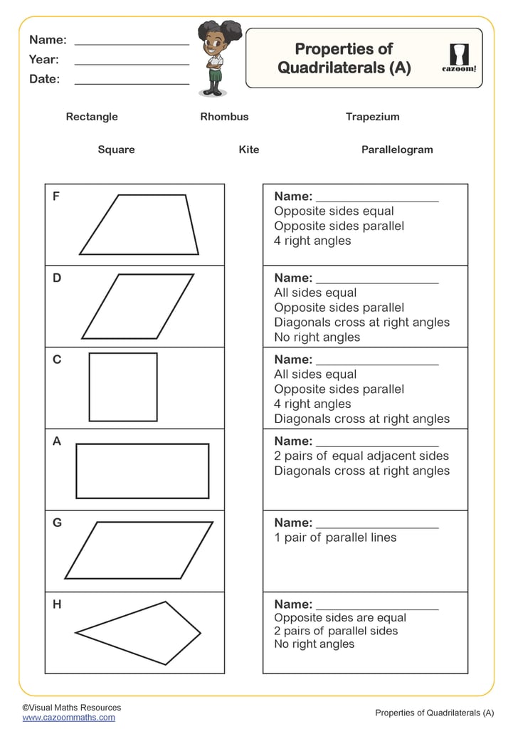 Properties of Quadrilaterals (B) Worksheet | PDF printable Geometry ...