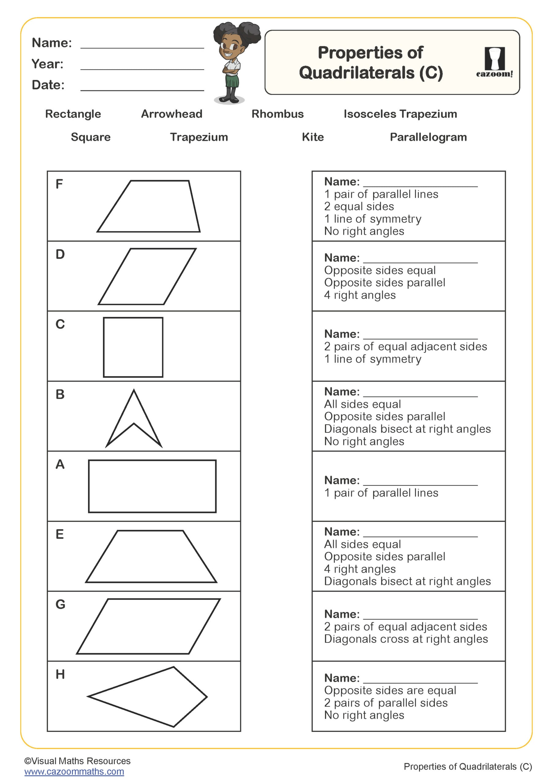 Properties of Quadrilaterals (C) Worksheet | Fun and Engaging Year 4 ...