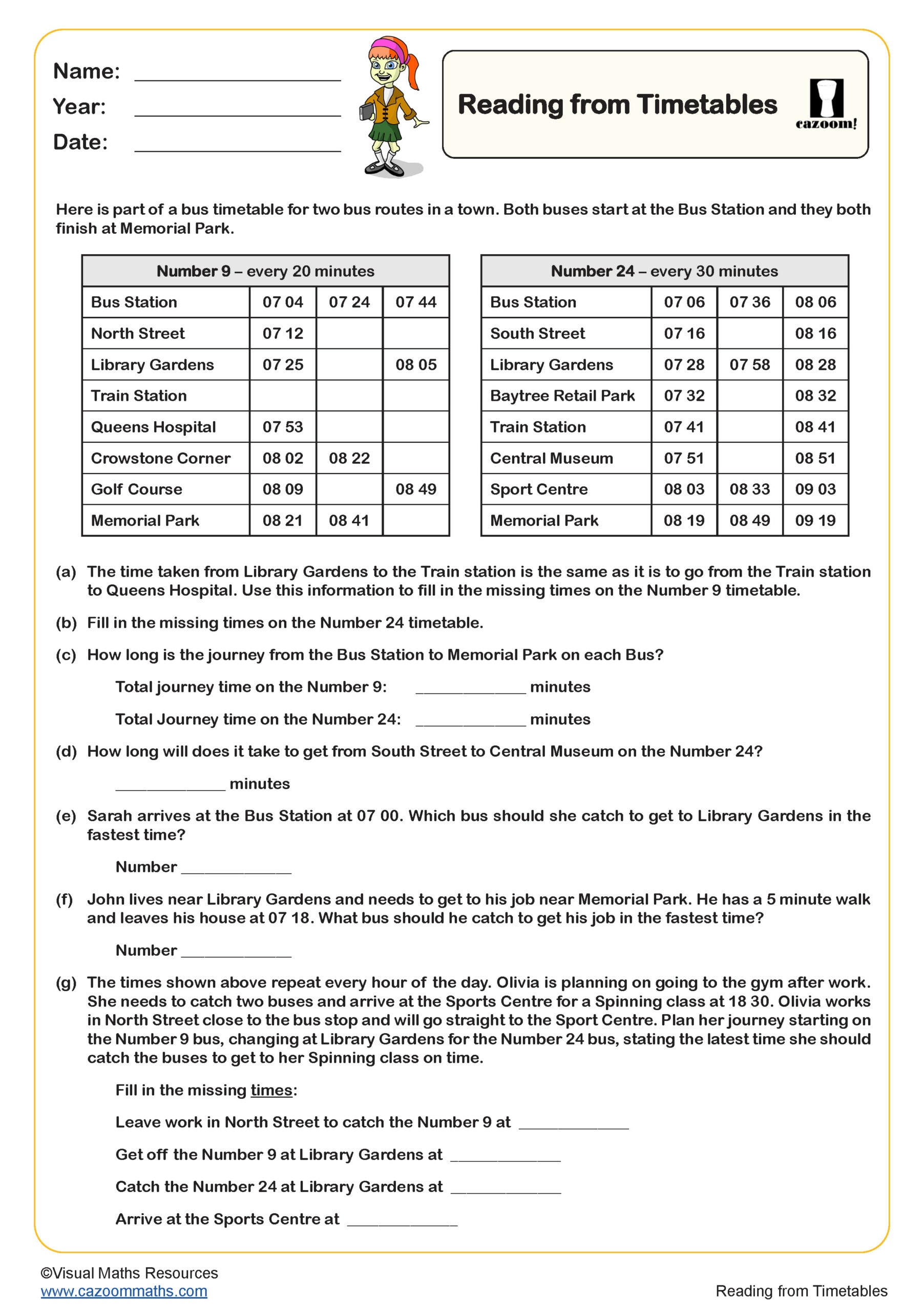 Reading from Time Tables Worksheet | PDF printable Algebra and ...