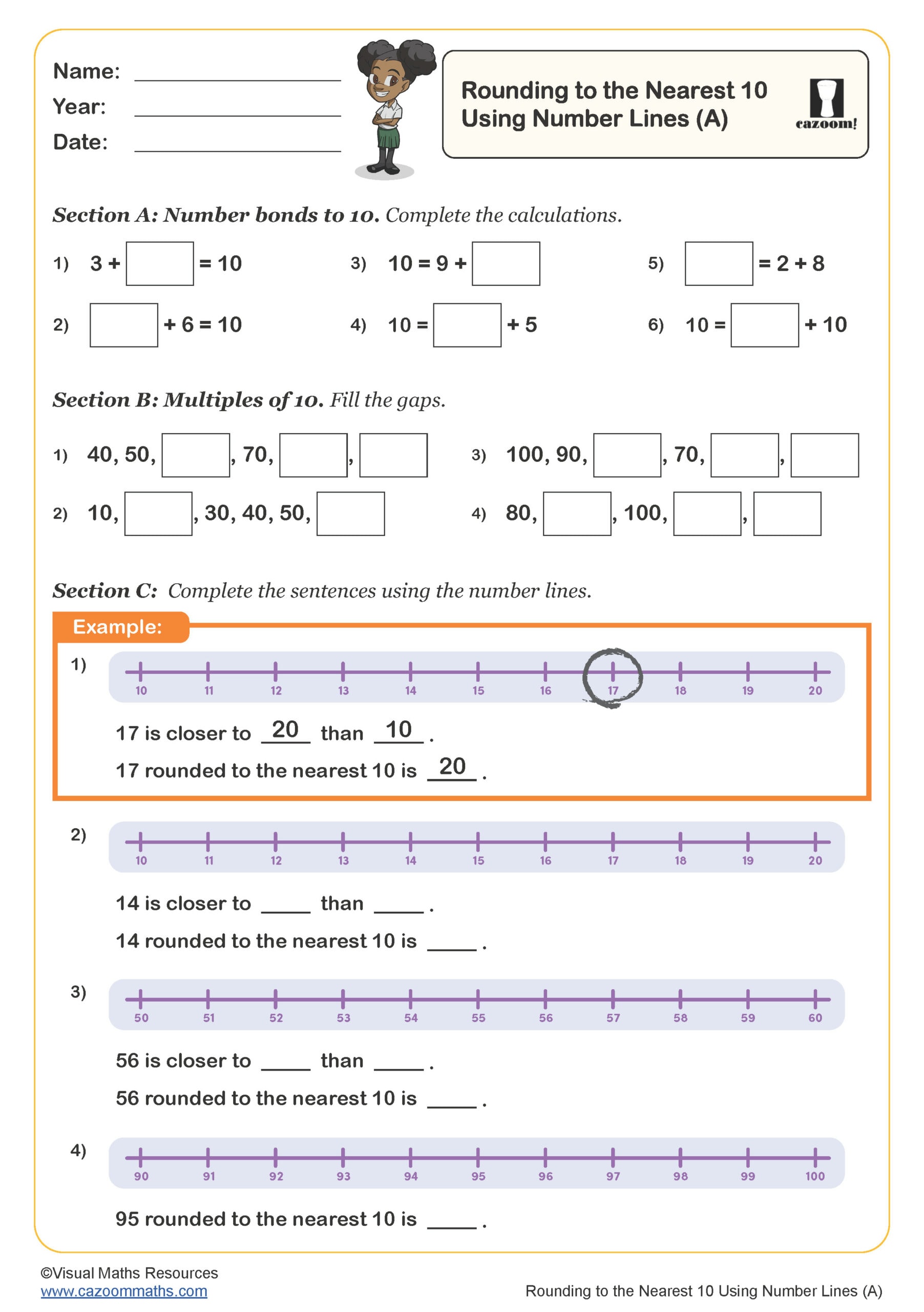 Rounding Numbers To The Nearest 10 Using Number Lines A Worksheet