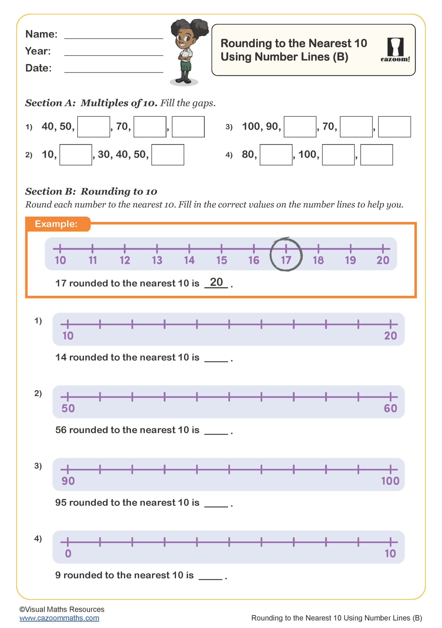 Rounding Numbers to the Nearest 10 Using Number Lines (A) Worksheet ...