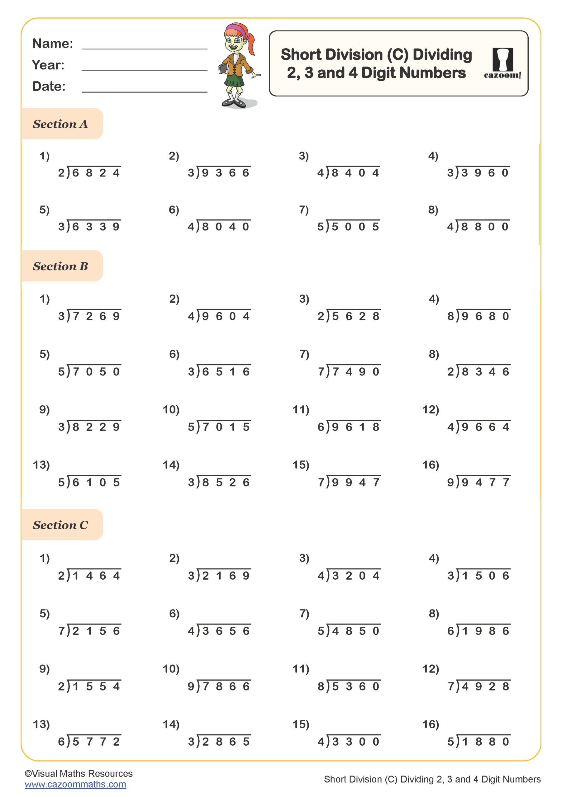 Long and Short Division (A) Worksheet (No Remainders) | PDF printable ...