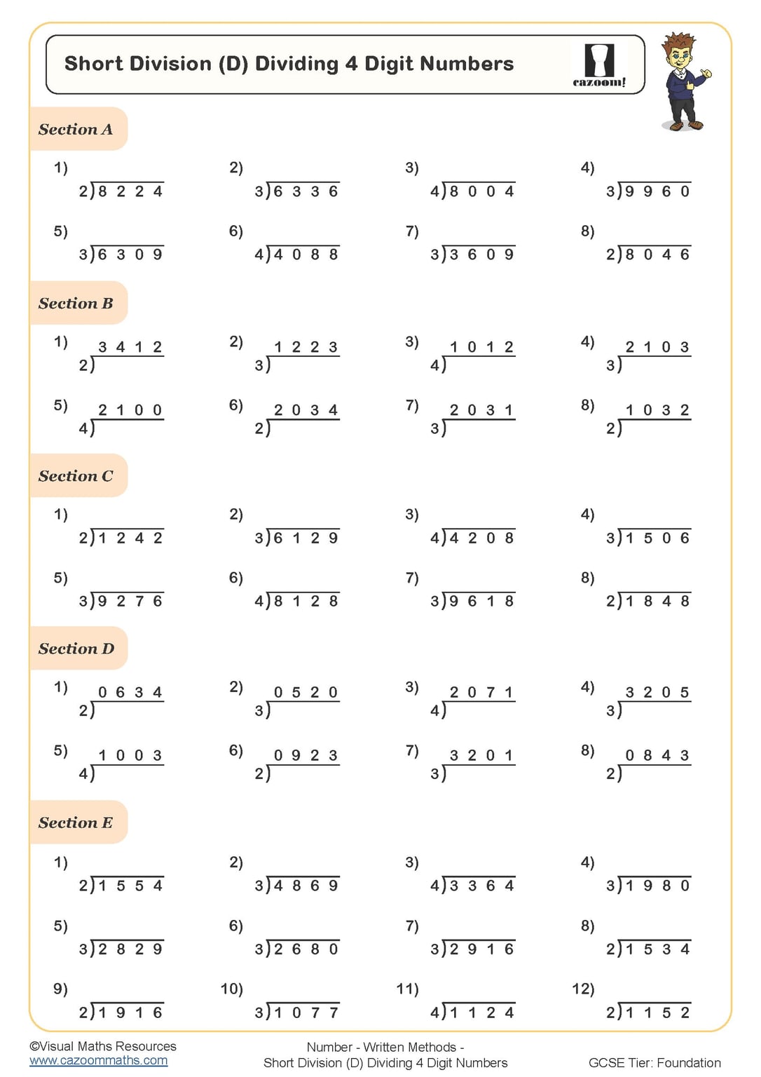 Short Division (D) Dividing 4 Digit Numbers Worksheet | Key Stage 2 PDF Number Worksheets