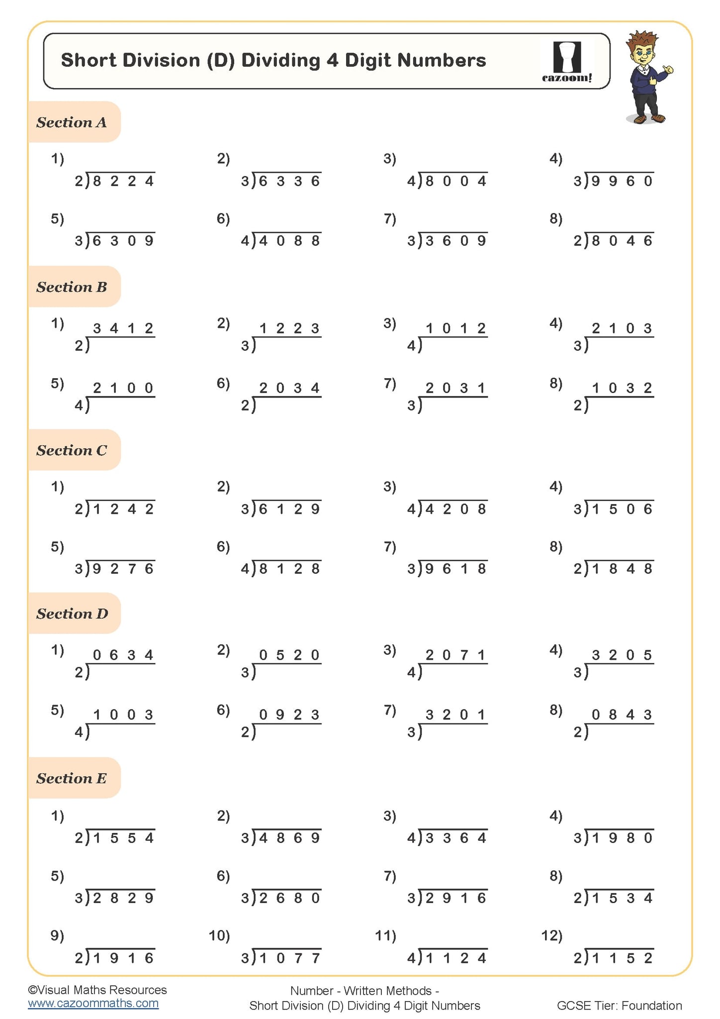 Short Division (D) Dividing 4 Digit Numbers Worksheet | Key Stage 2 PDF ...
