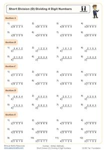 Short Division (D) Dividing 4 Digit Numbers Worksheet | Key Stage 2 PDF ...