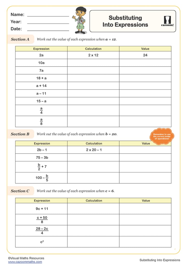 Substituting into Expressions Worksheet | Fun and Engaging Year 6 PDF ...