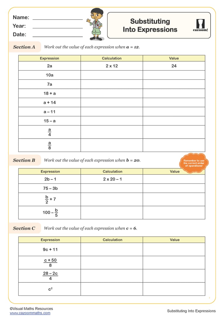 Substituting into Expressions Worksheet | Fun and Engaging Year 6 PDF ...