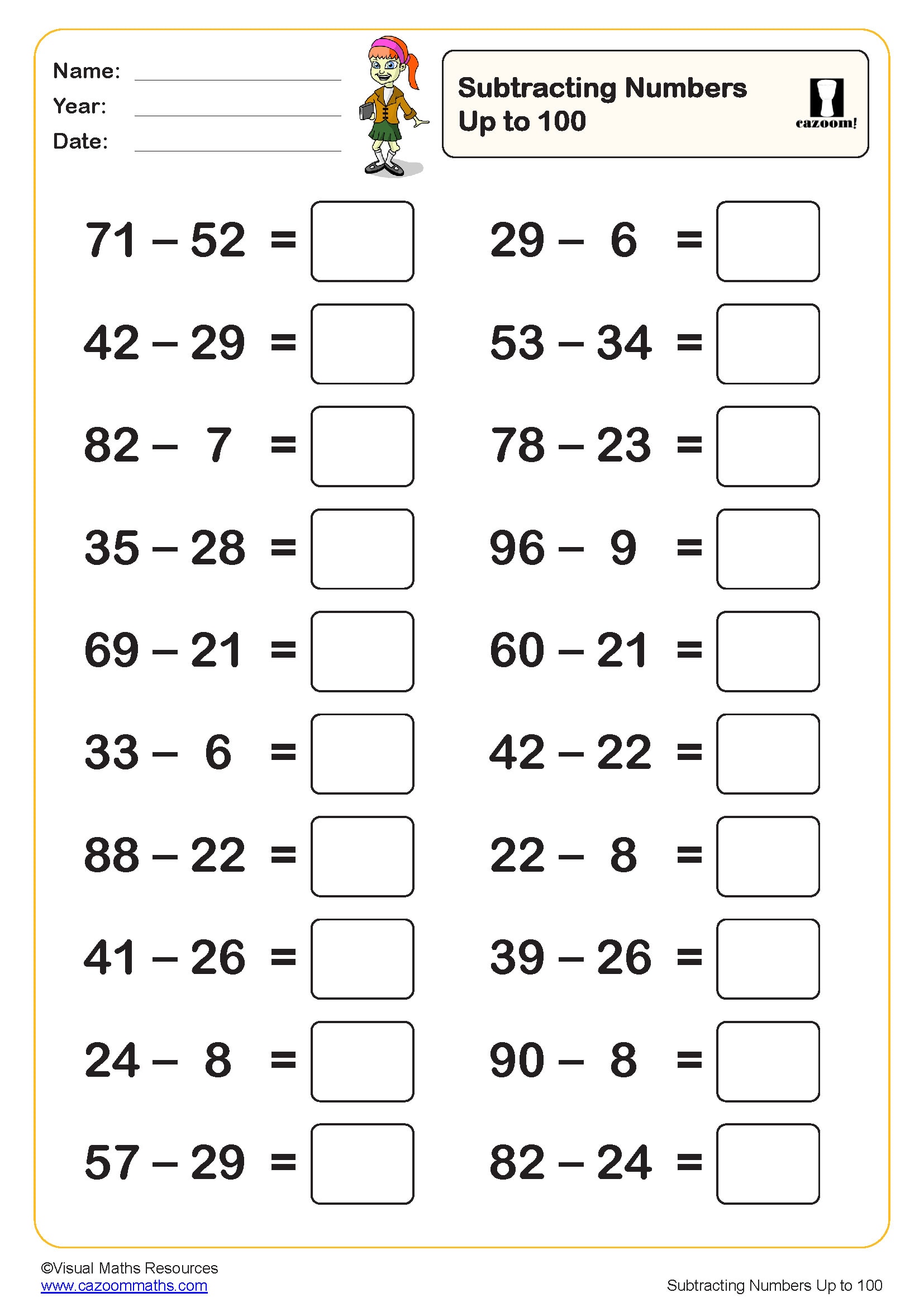 Subtracting Numbers Up to 100 Worksheet | Key Stage 1 PDF Subtraction ...