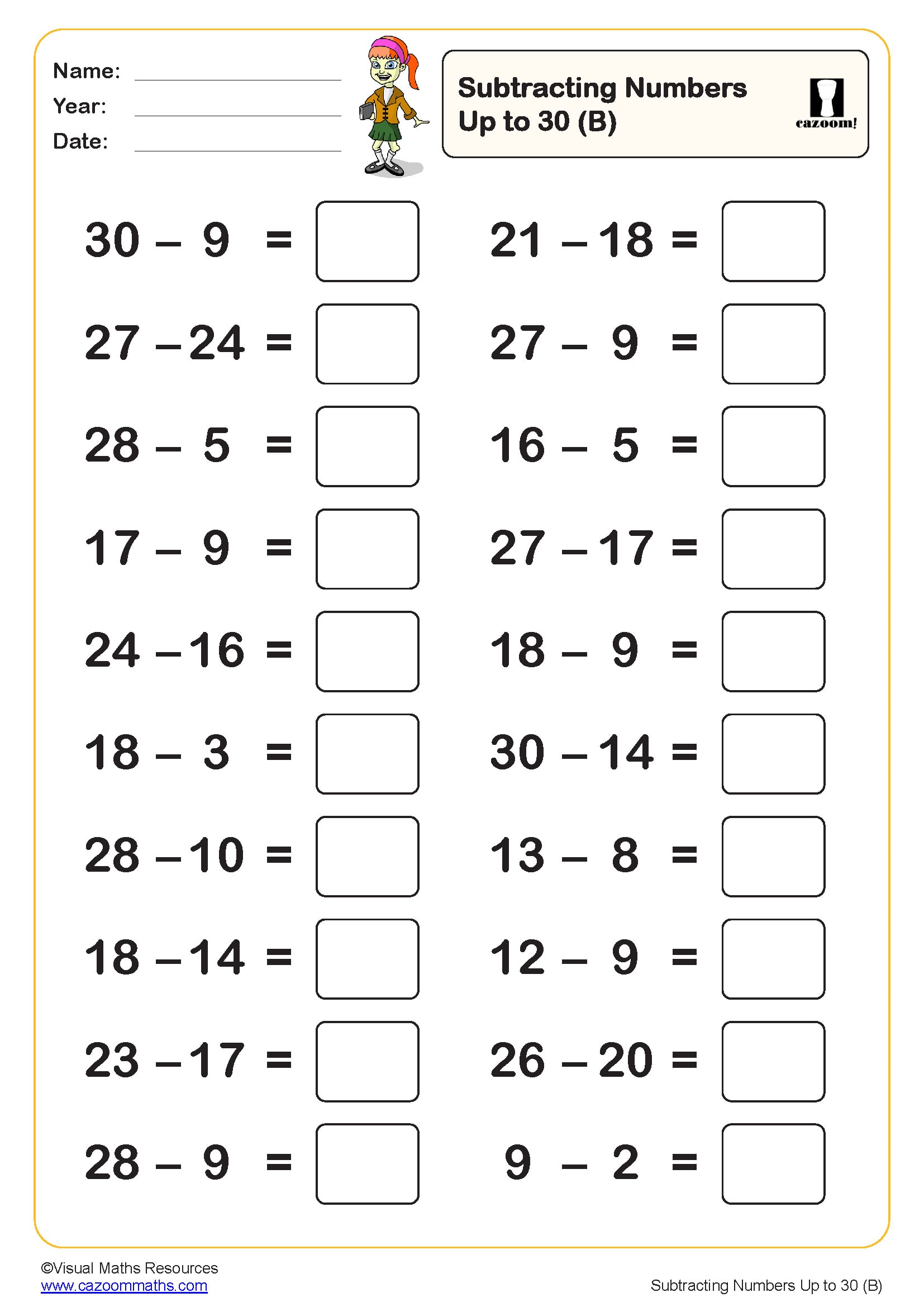 Subtracting Numbers Up to 30 (B) Worksheet | Key Stage 1 PDF ...