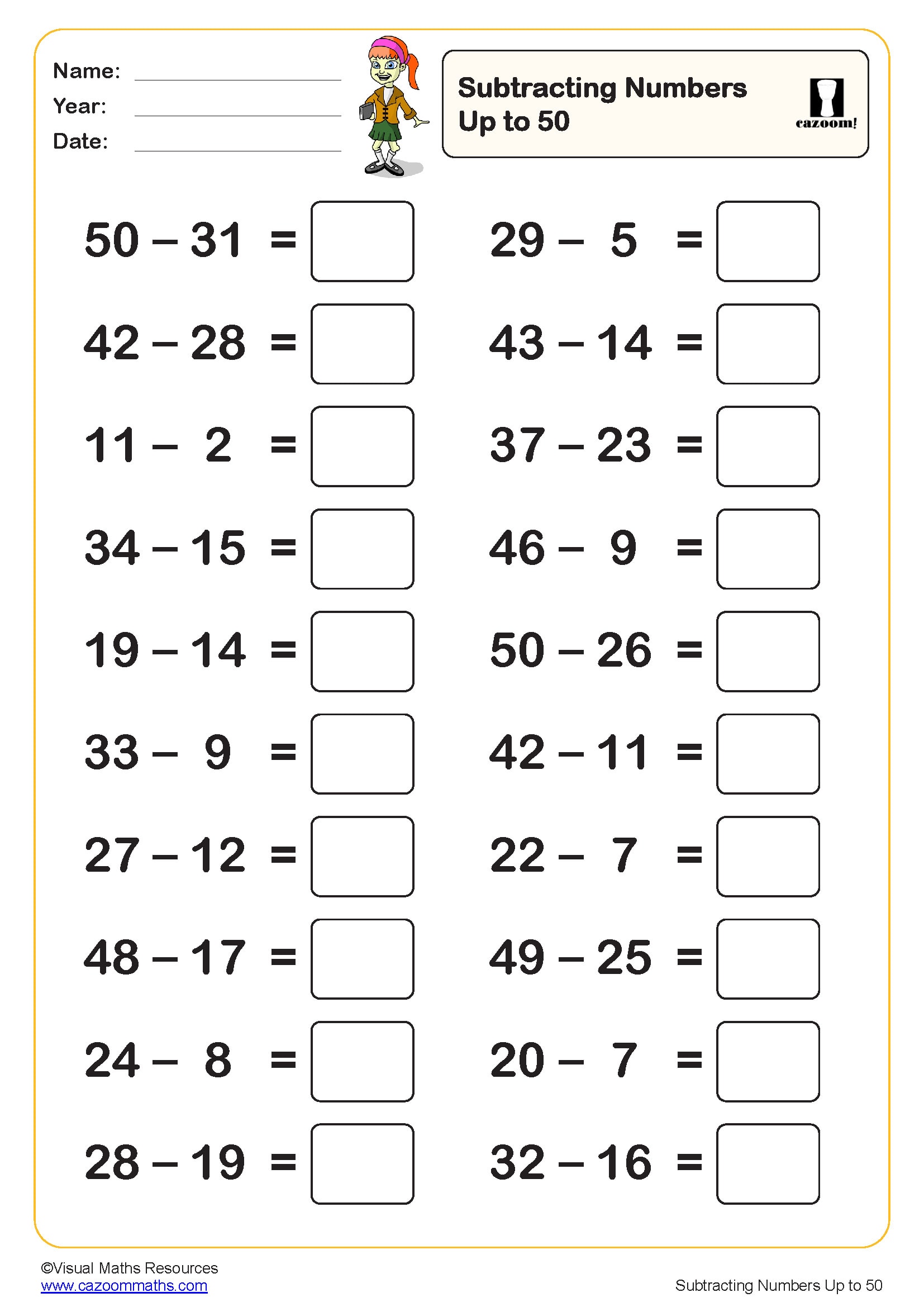 Subtracting Numbers Up to 50 Worksheet | Fun and Engaging Year 2 PDF ...