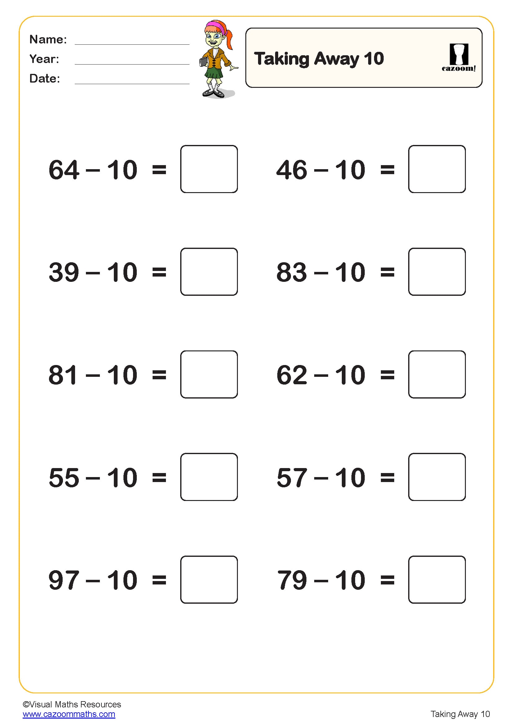 Taking Away 10 Worksheet (10 questions) | PDF printable Subtraction Worksheets