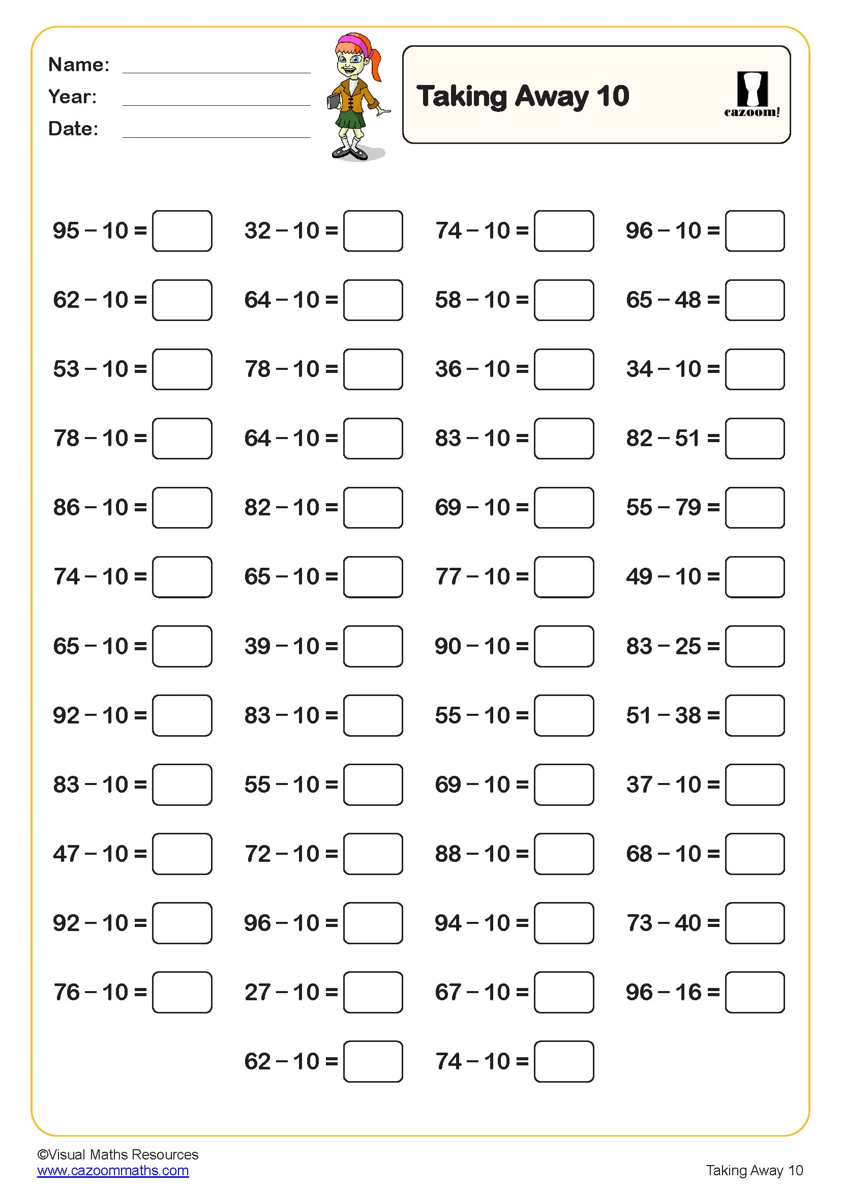 Taking Away Numbers with the Same Last Digit Worksheet (50 questions ...