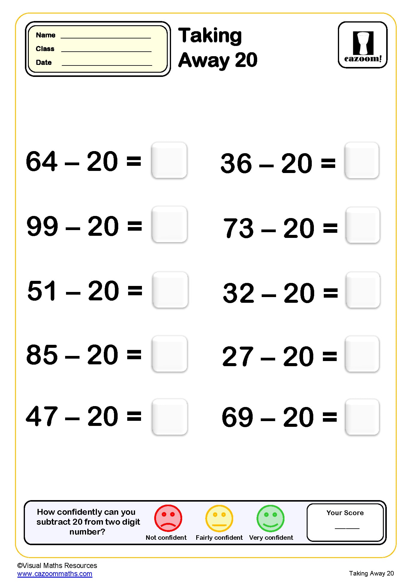 Taking Away 20 Worksheet (10 questions) | PDF printable Subtraction ...