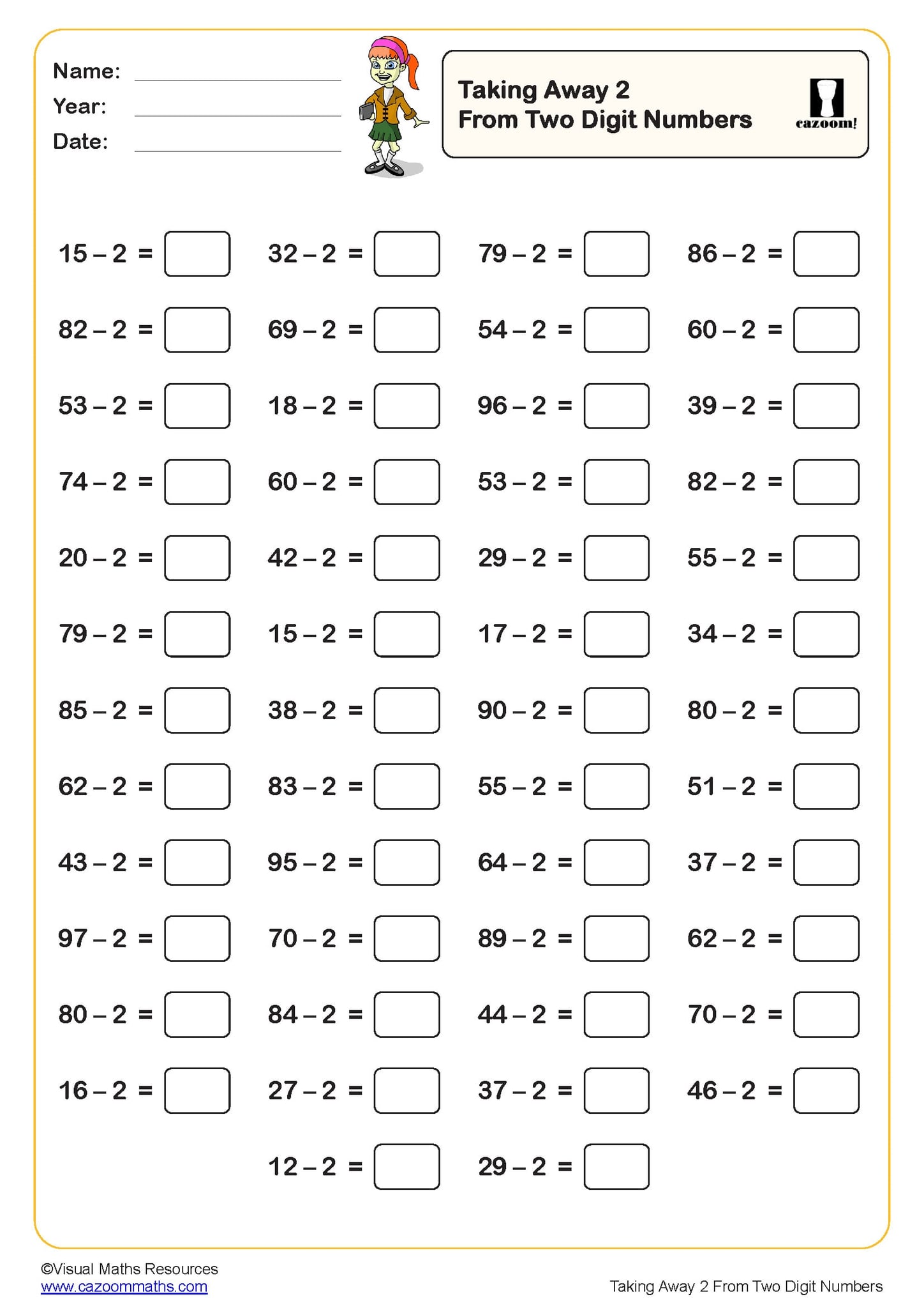 Taking Away 3 from Two Digit Numbers Worksheet (50 questions) | PDF ...