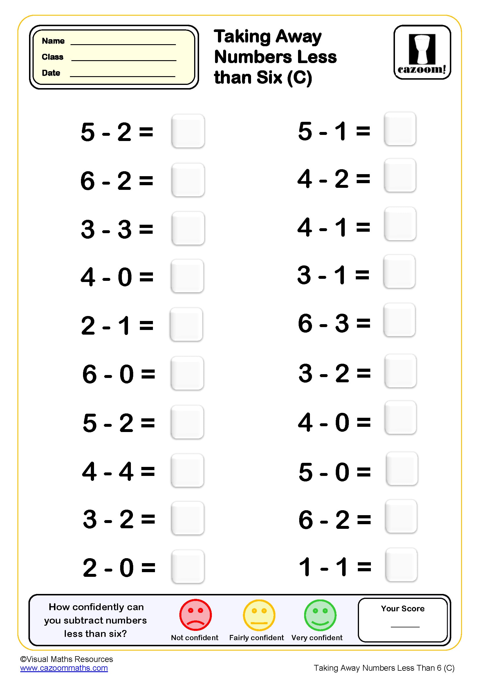 Taking Away Numbers Less Than 6 (B) Worksheet | PDF printable ...