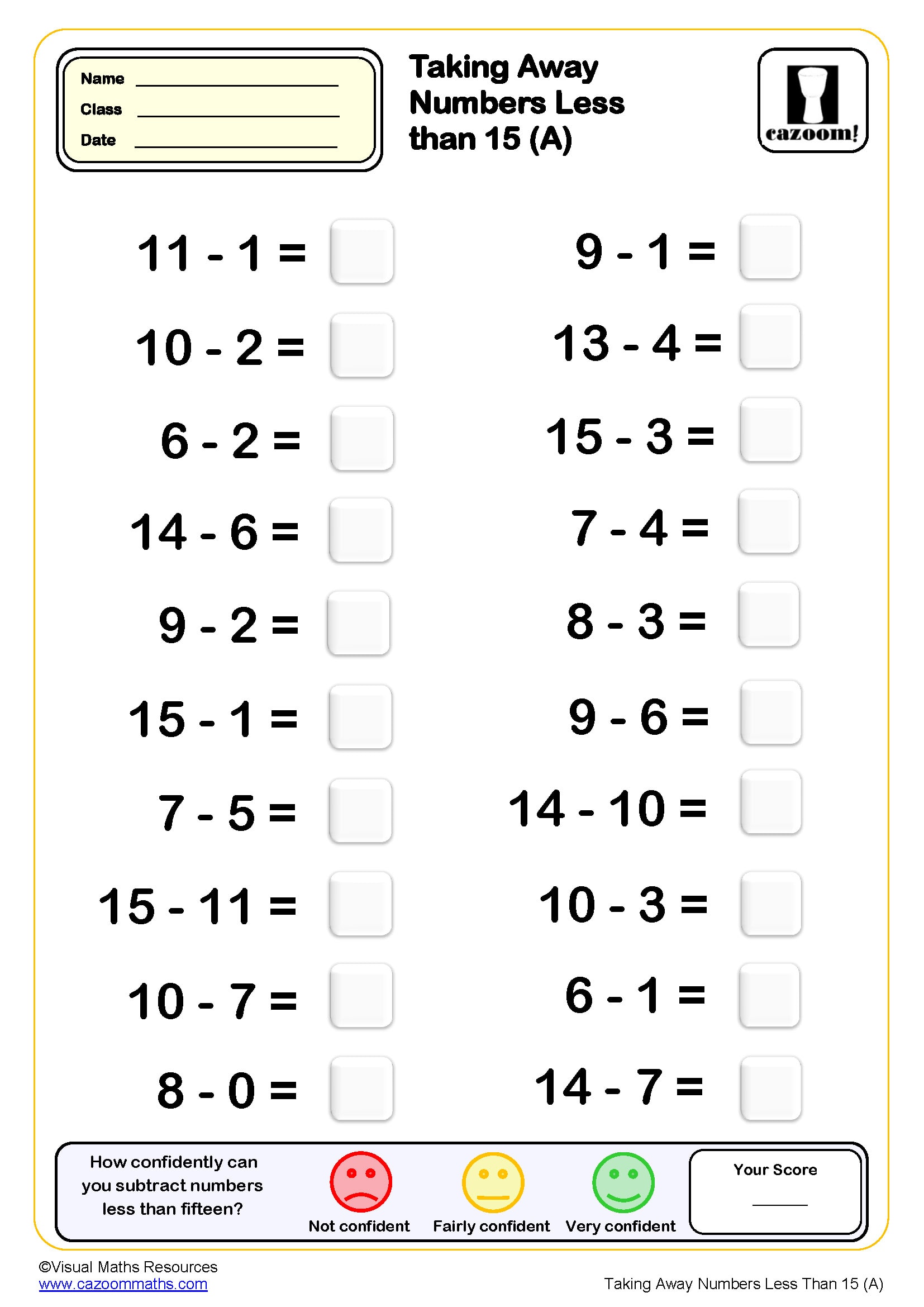 Taking Away Numbers Less Than 15 (B) Worksheet | PDF printable ...