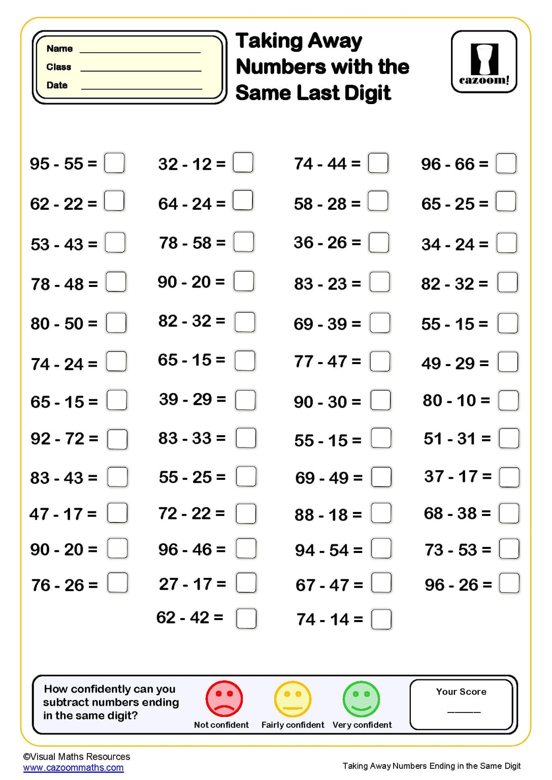 Taking Away Numbers with the Same Last Digit Worksheet (10 questions ...