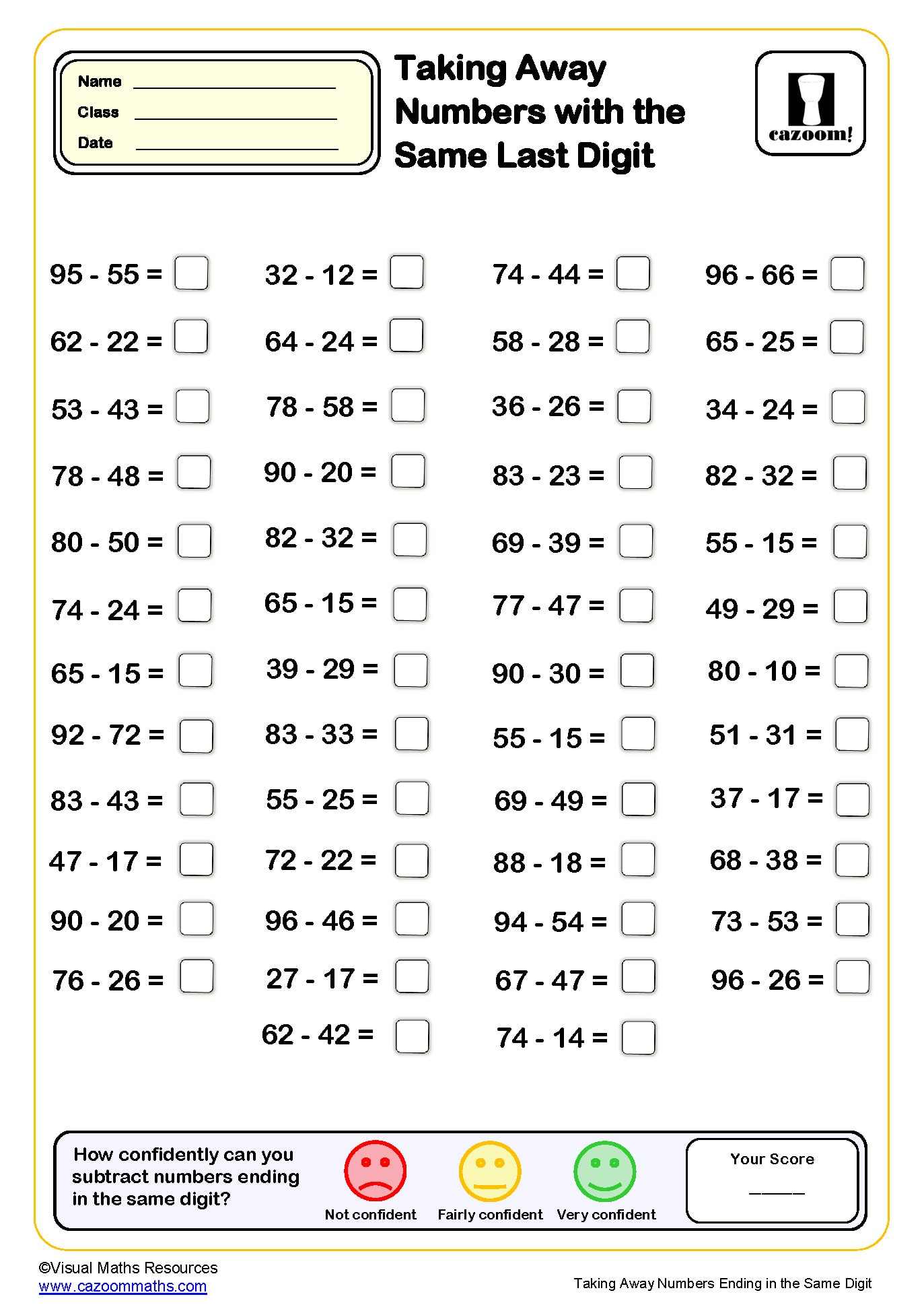 Taking Away Numbers with the Same Last Digit Worksheet (50 questions ...