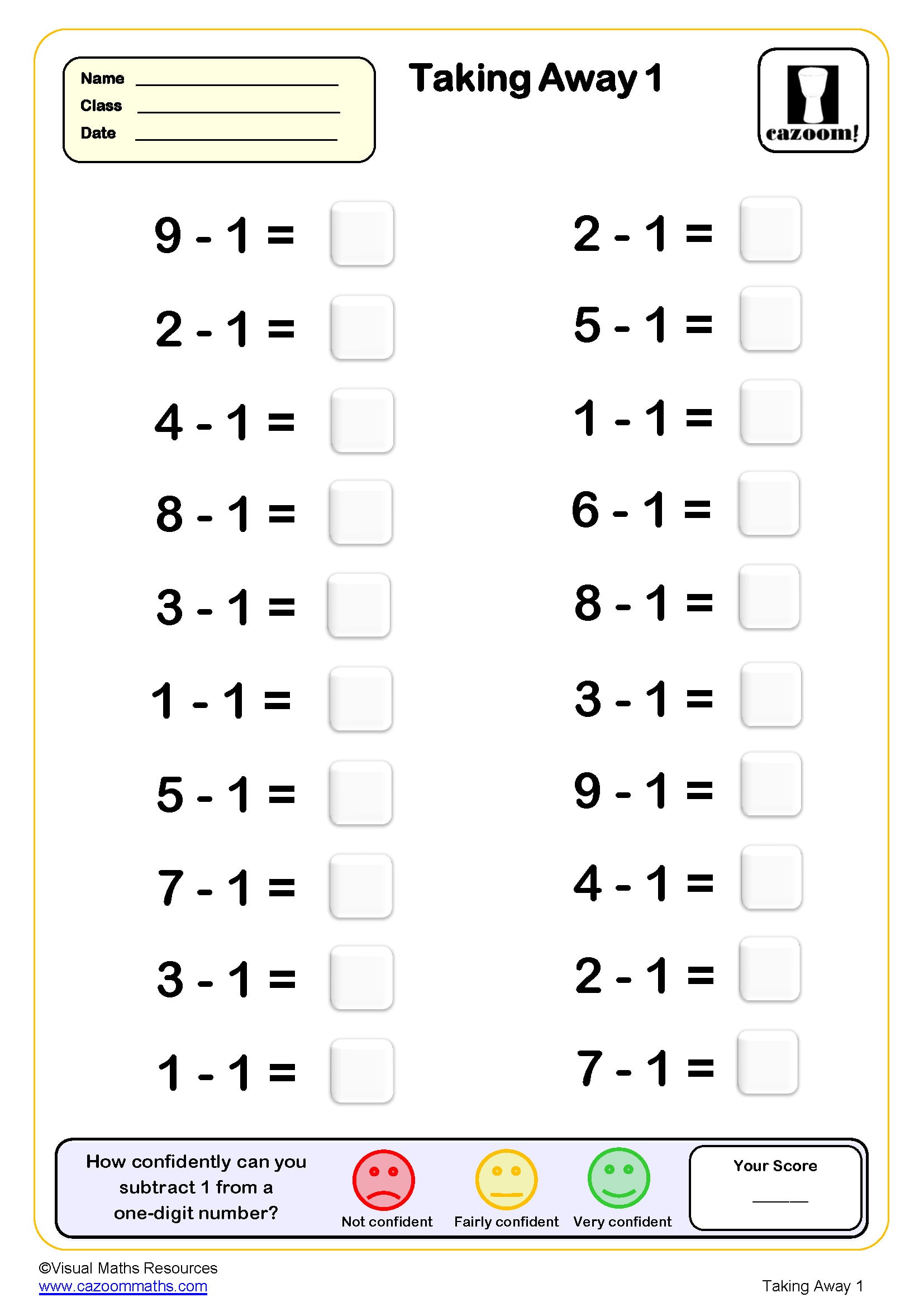Taking Away 1 from two digit numbers Worksheet (20 questions) | PDF ...