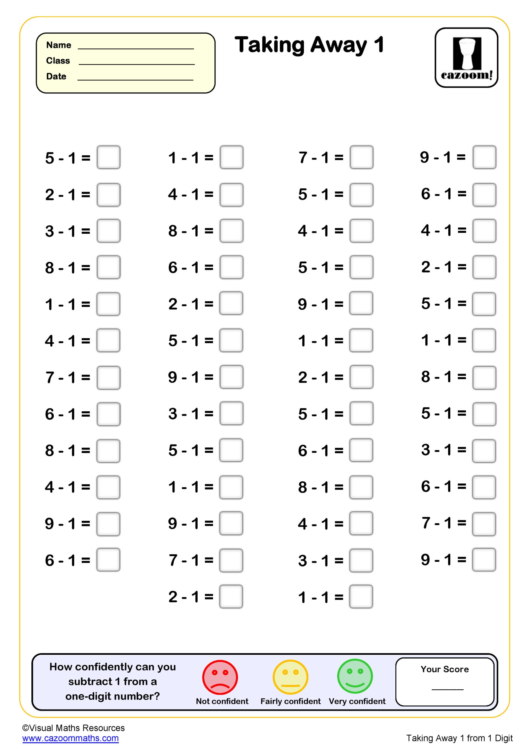 Taking Away 1 Worksheet (10 questions) | Key Stage 1 PDF Subtraction ...