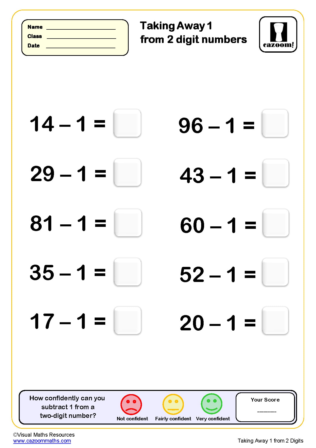 Taking Away 1 from two digit numbers Worksheet (20 questions) | PDF ...