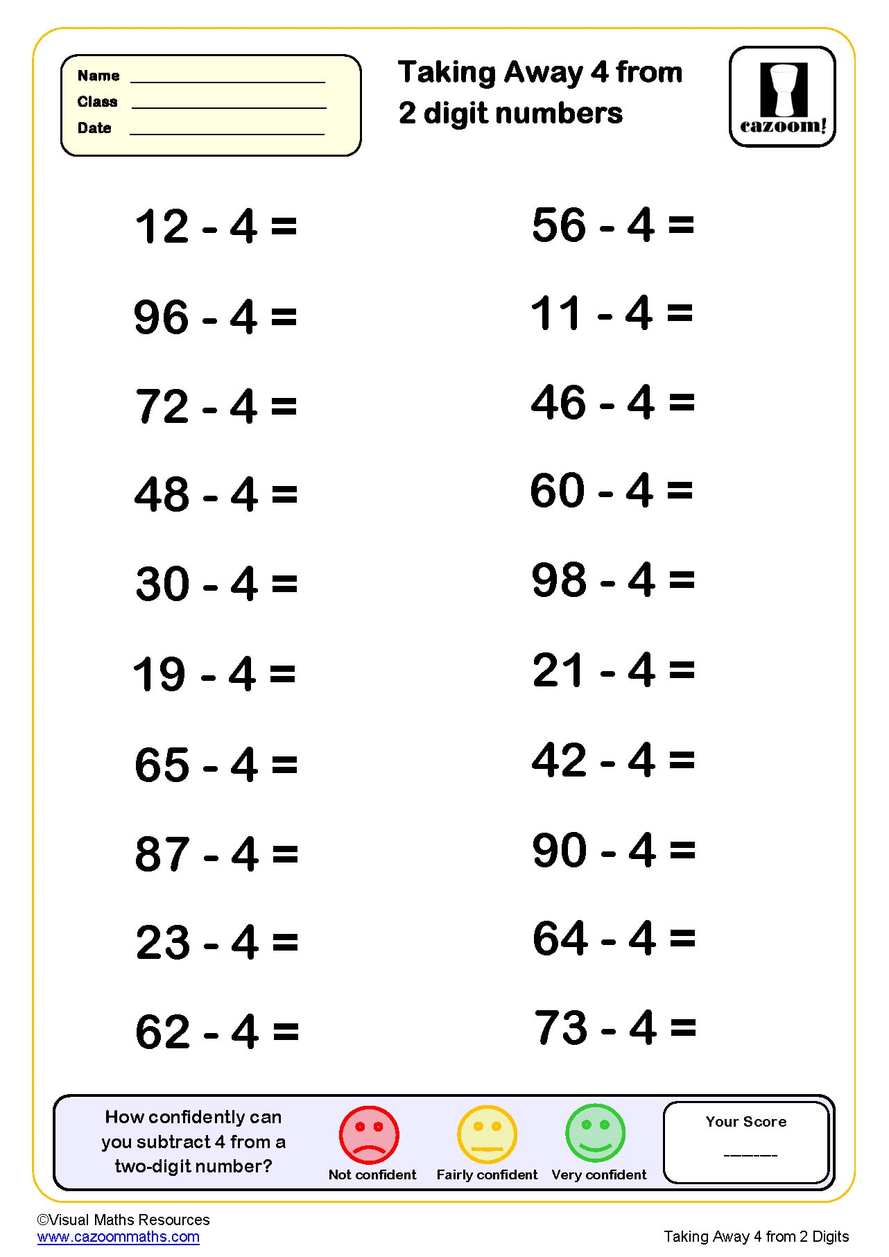 Taking Away 4 from Two Digit Numbers Worksheet (20 questions) | Key ...