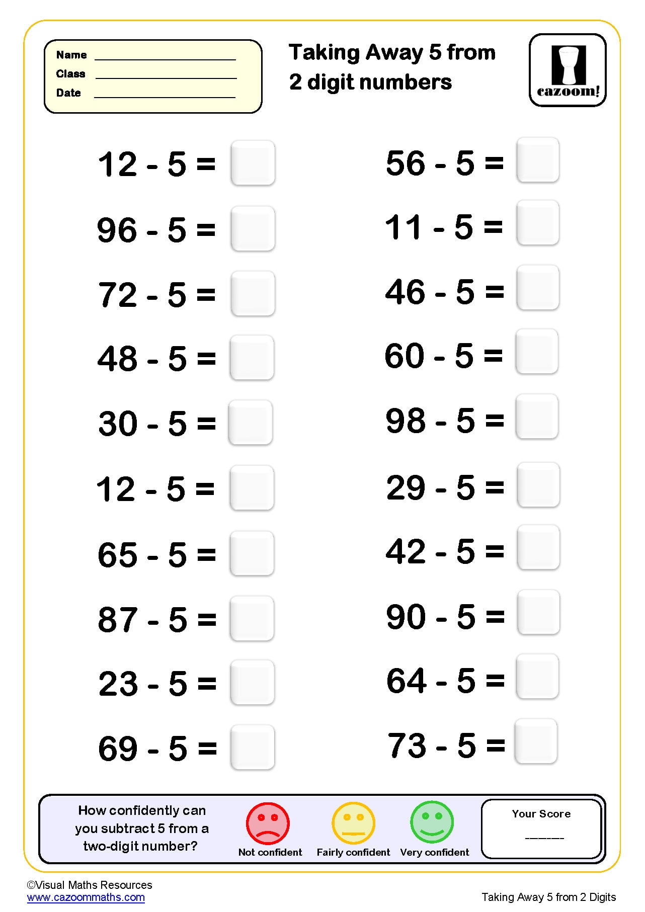 Taking Away 5 from Two Digit Numbers Worksheet (20 questions) | Key ...
