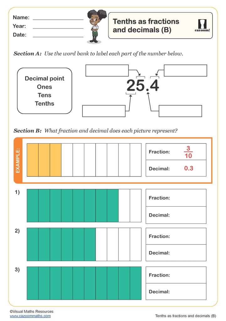 Tenths as Fractions and Decimals (B) Worksheet | Key Stage 2 PDF Number ...