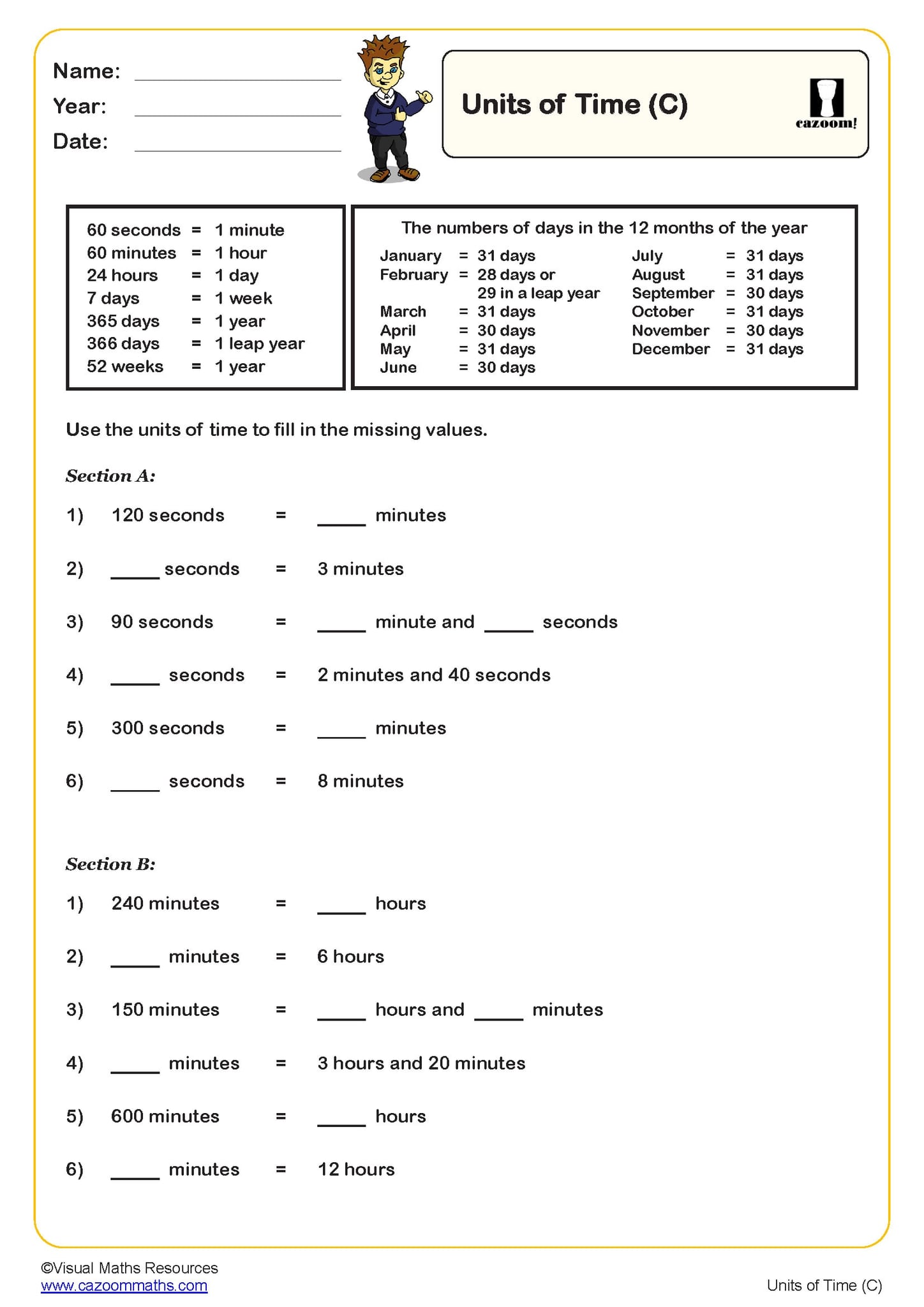 Units of Time (A) Worksheet | PDF printable Measurement Worksheets