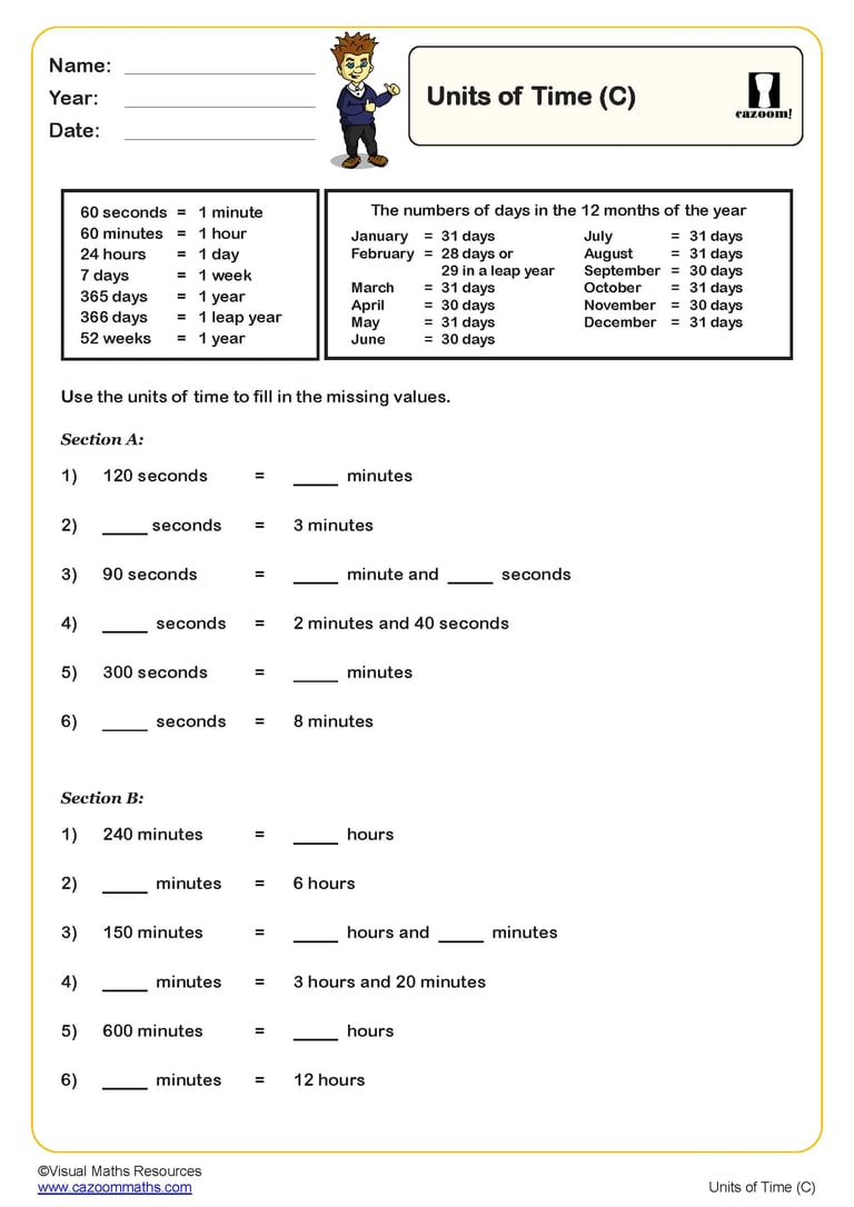 Units of Time (A) Worksheet | PDF printable Measurement Worksheets