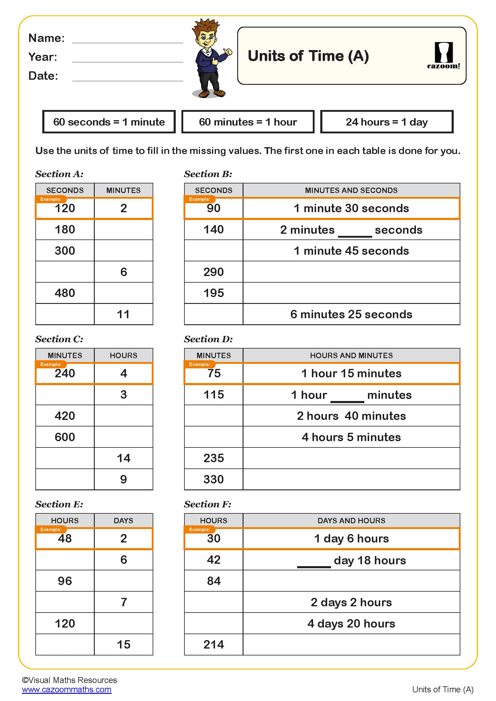 Units of Time (A) Worksheet | PDF printable Measurement Worksheets