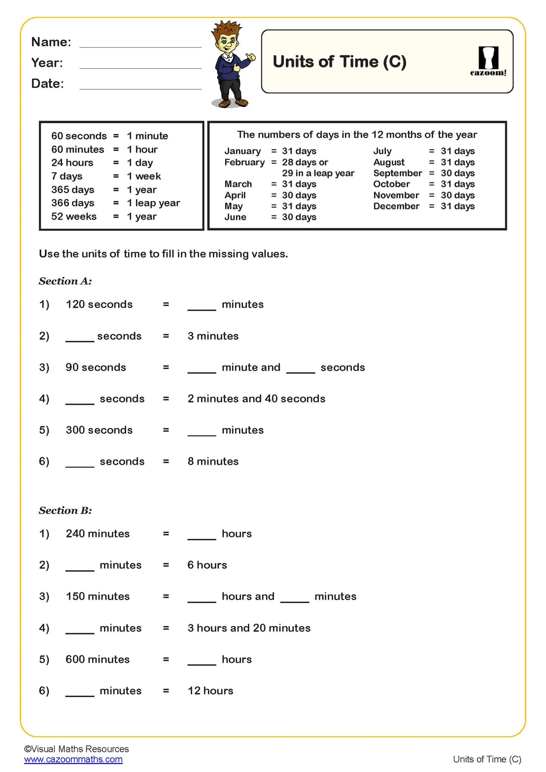 Units of Time (B) Worksheet | Fun and Engaging Year 3 PDF Worksheets