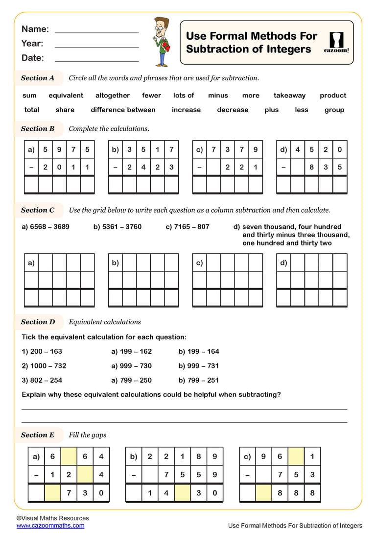 Use Formal Methods For Subtraction of Integers Worksheet | PDF ...