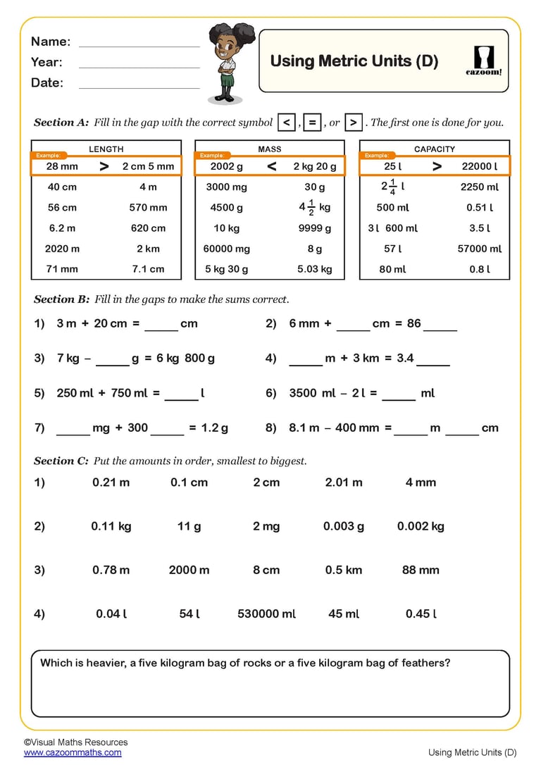 Using Metric Units (A) Worksheet | Fun and Engaging Year 3 PDF Worksheets