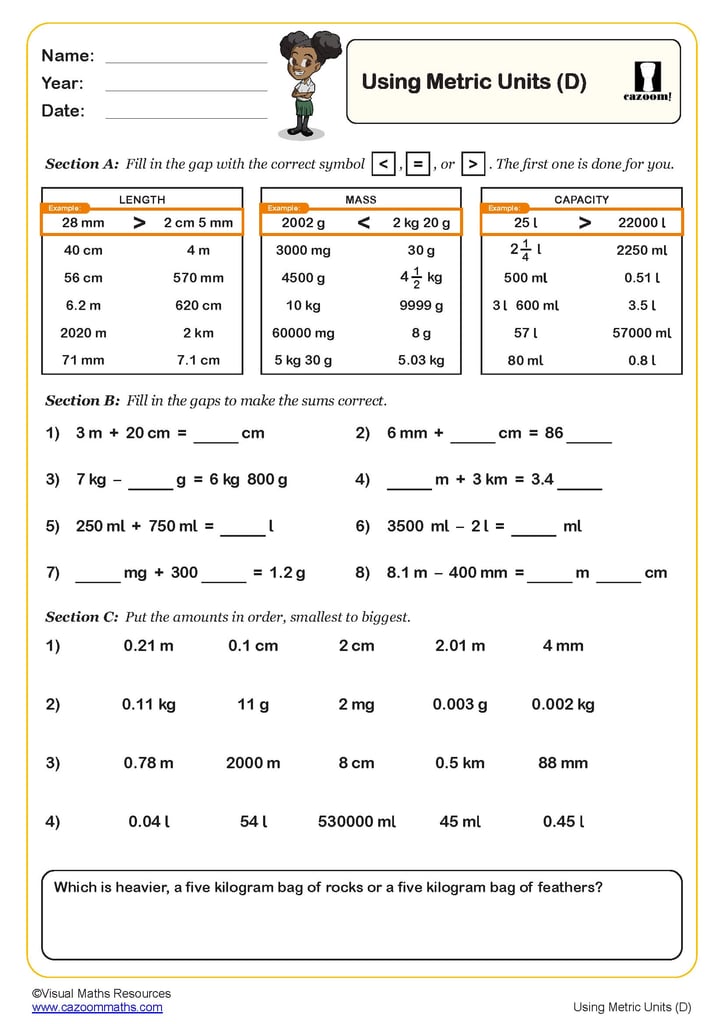 Using Metric Units (C) Worksheet | PDF printable Measurement Worksheets