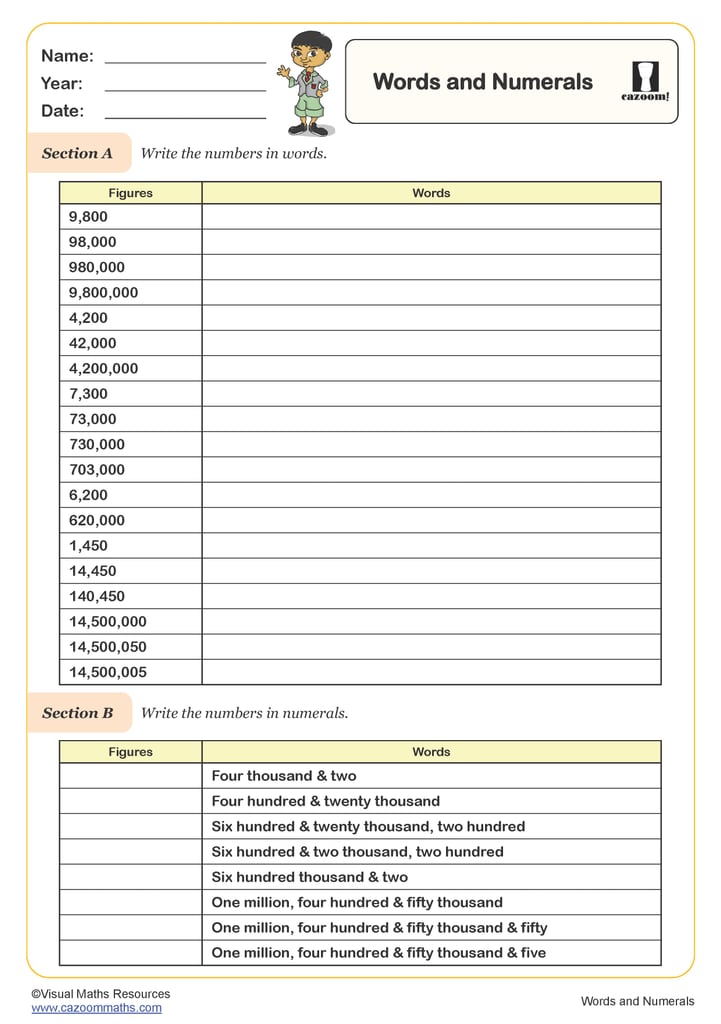 Words and Numerals Worksheet | Fun and Engaging Year 6 PDF Worksheets