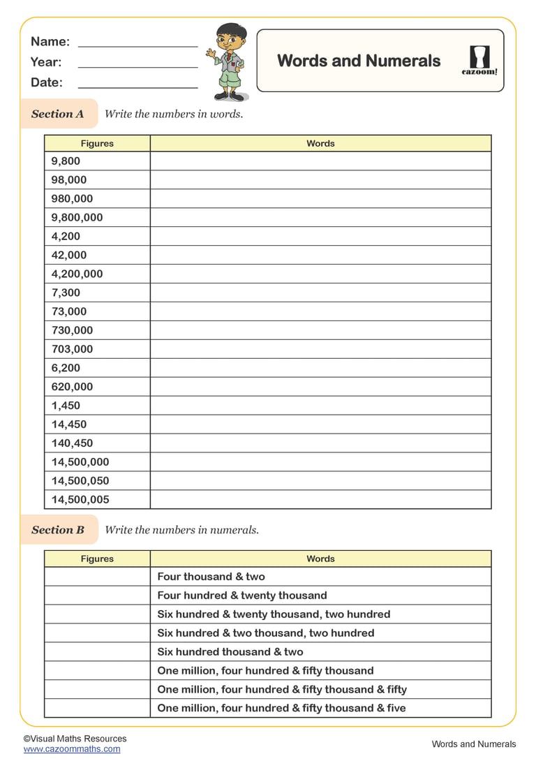 Words and Numerals Worksheet | Fun and Engaging Year 6 PDF Worksheets