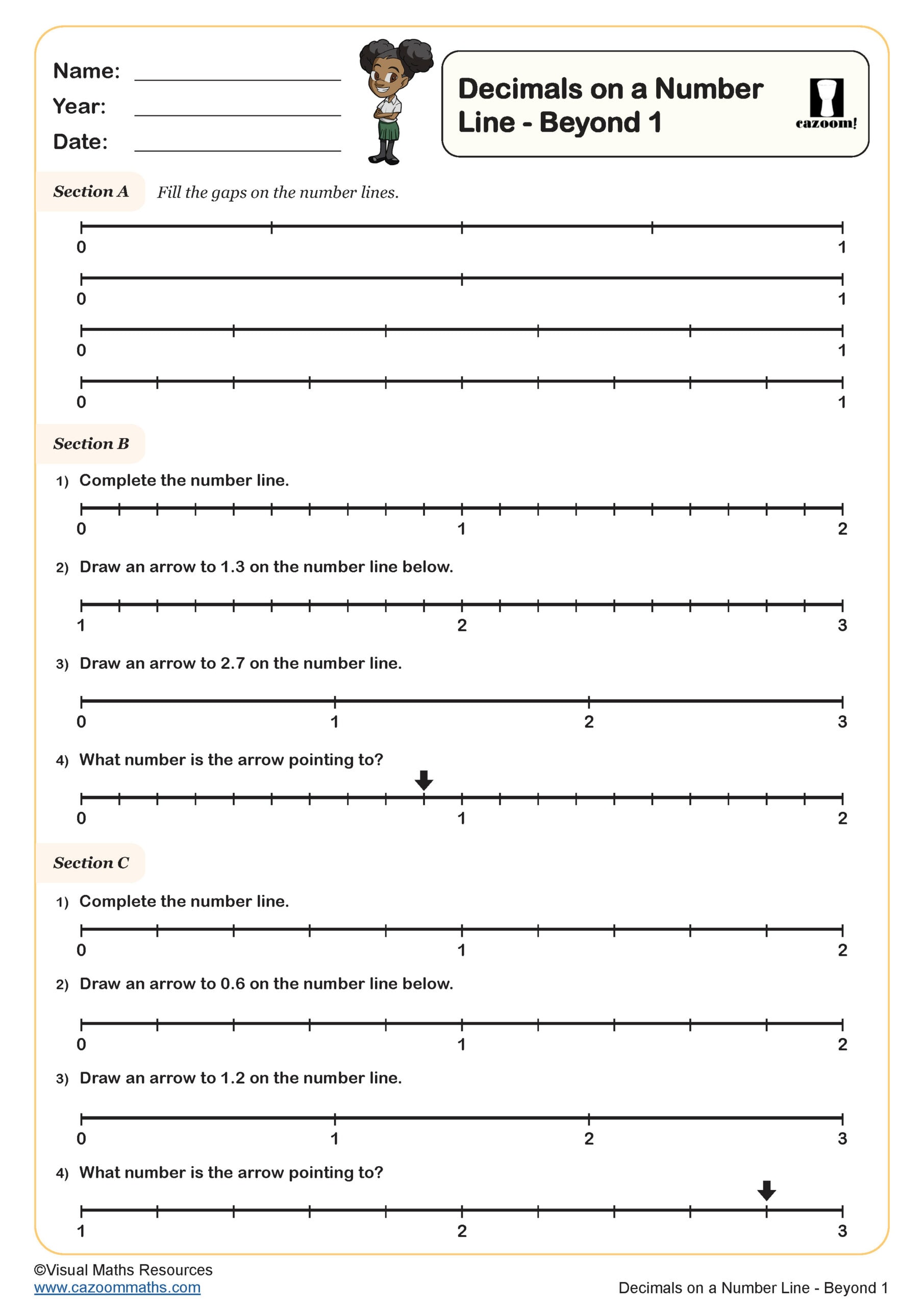Decimals on a Number Line - Beyond 1 Worksheet | Fun and Engaging Year ...