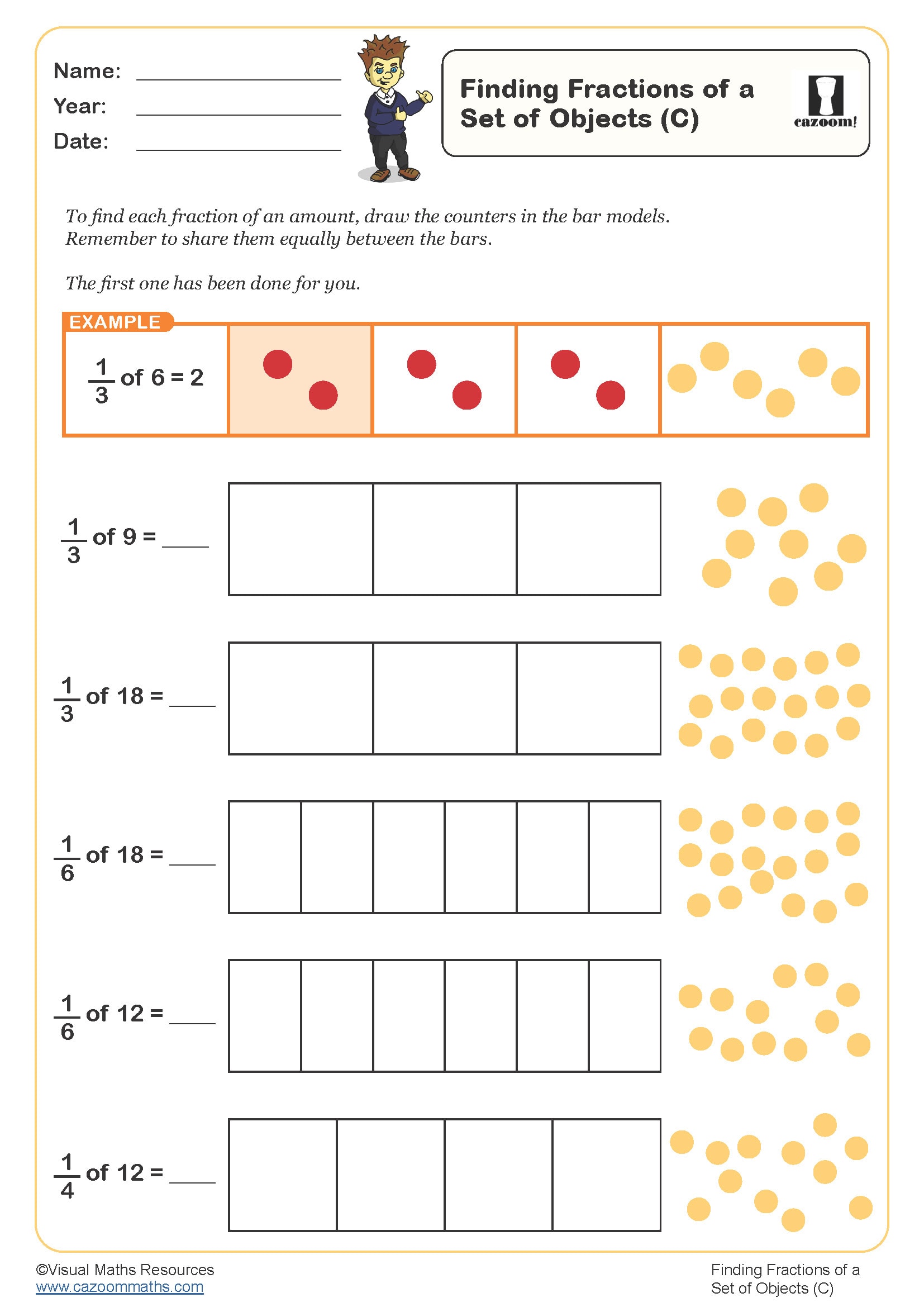 Finding fractions of a set of objects (B) Worksheet | Key Stage 2 PDF ...