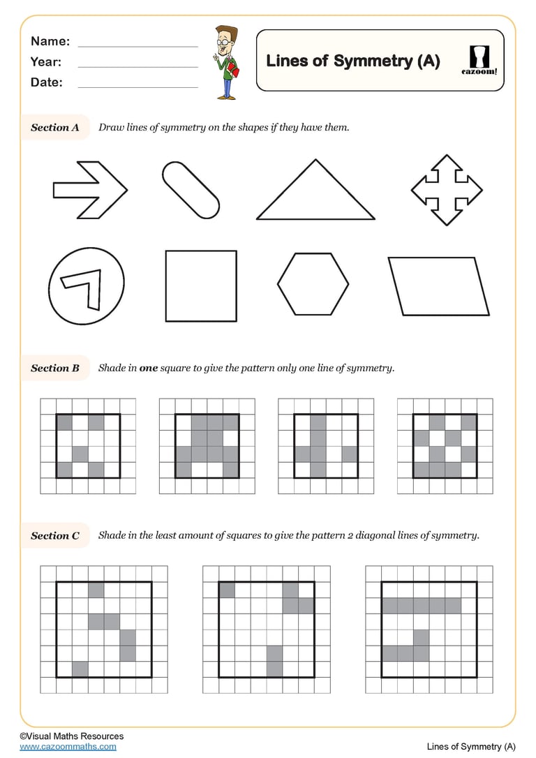 Lines of Symmetry (A) Worksheet | Printable Year 4 Geometry Worksheet