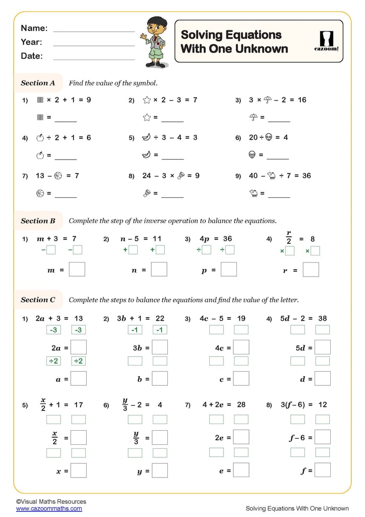 Solving Equations with One Unknown Worksheet | Key Stage 2 PDF Algebra ...