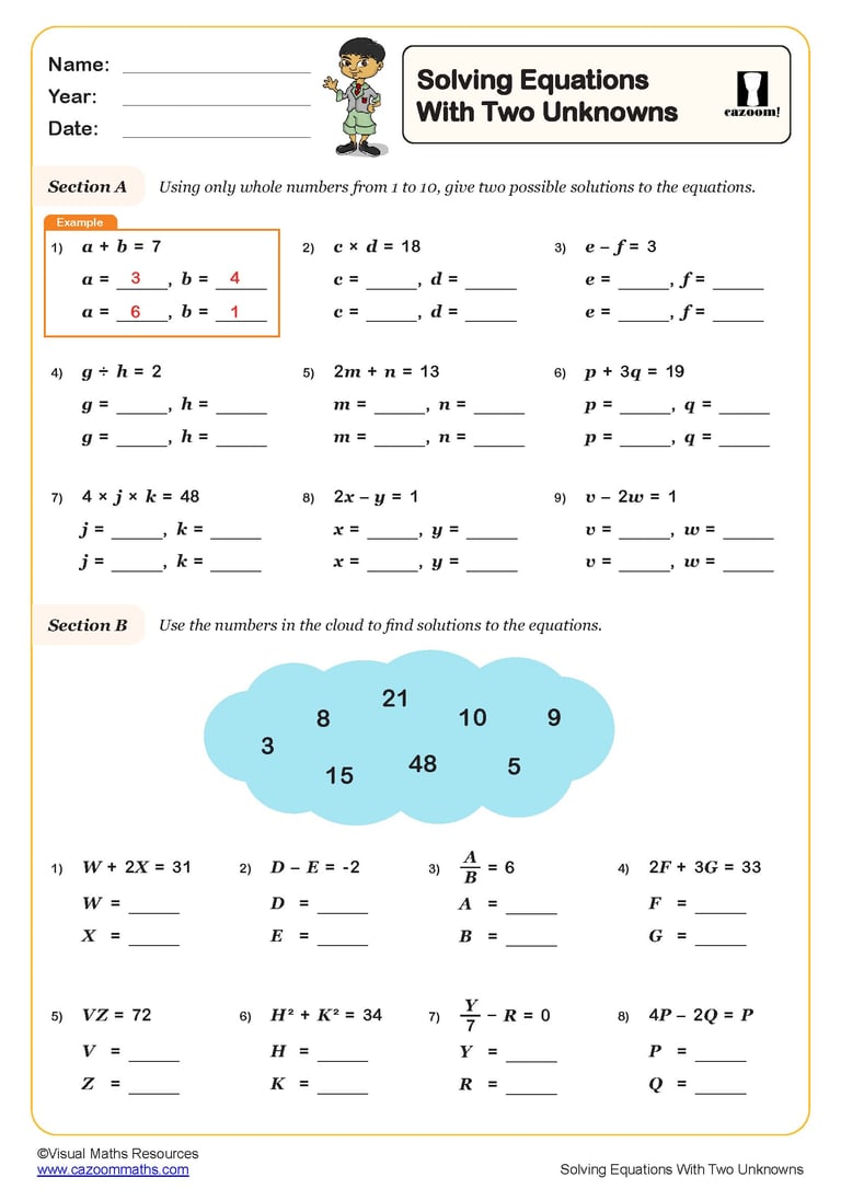 Solving Equations with One Unknown Worksheet | Key Stage 2 PDF Algebra ...