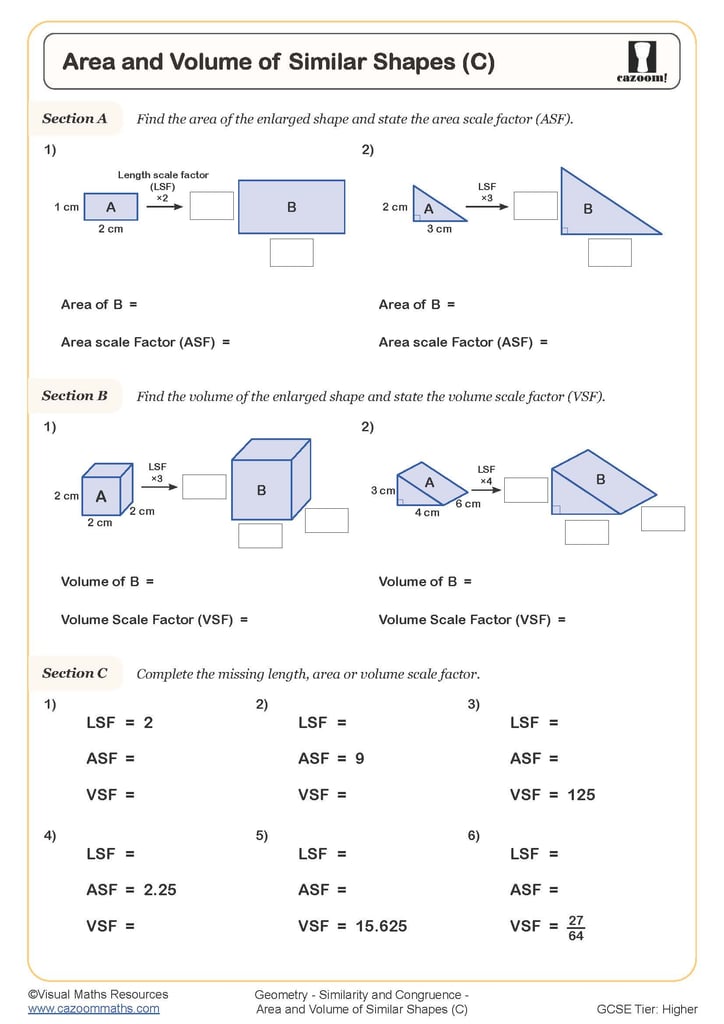 Area and Volume of Similar Shapes (C) Worksheet | Cazoom Maths Worksheets
