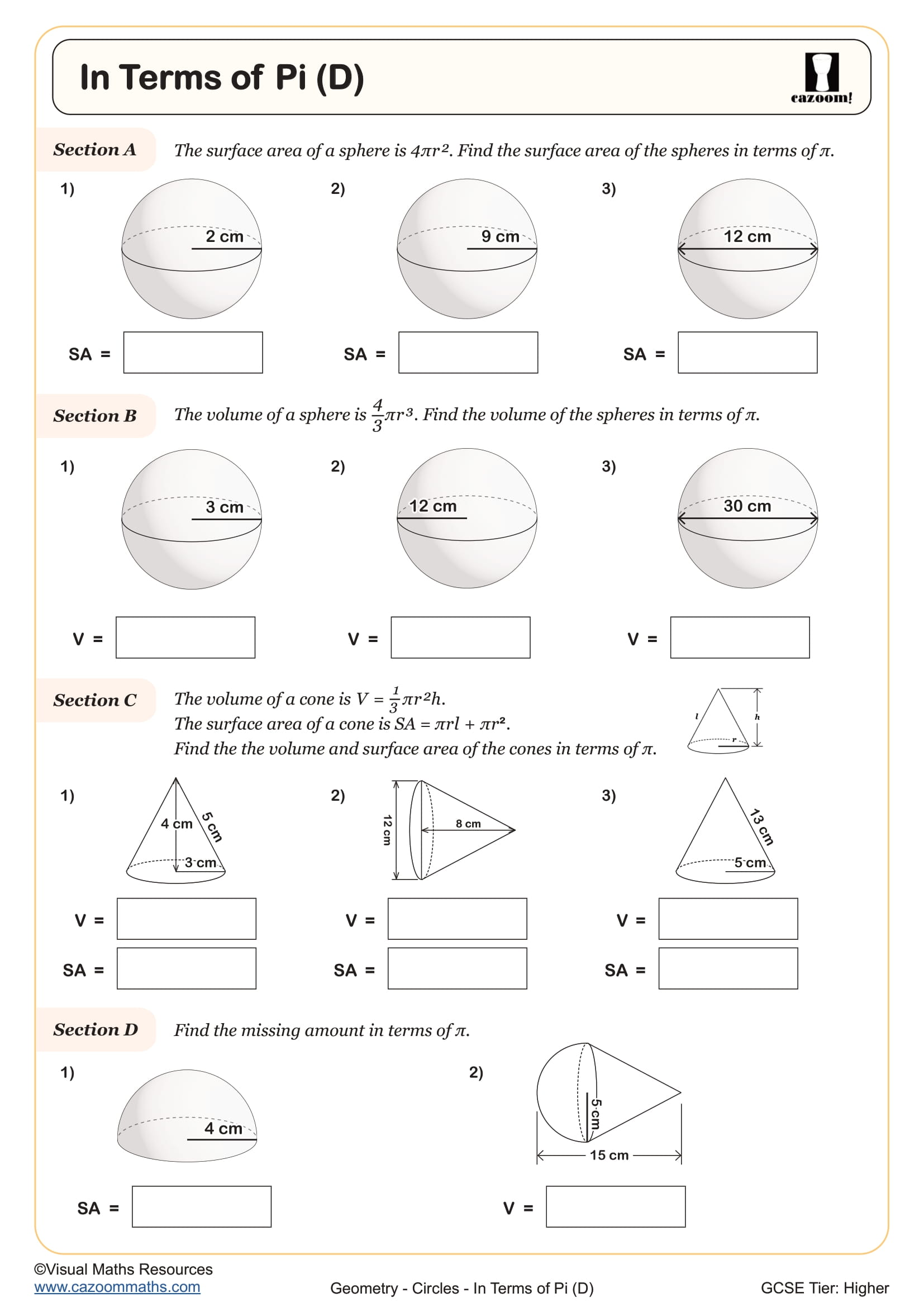 In Terms of Pi (A) Worksheet | PDF Printable Worksheets