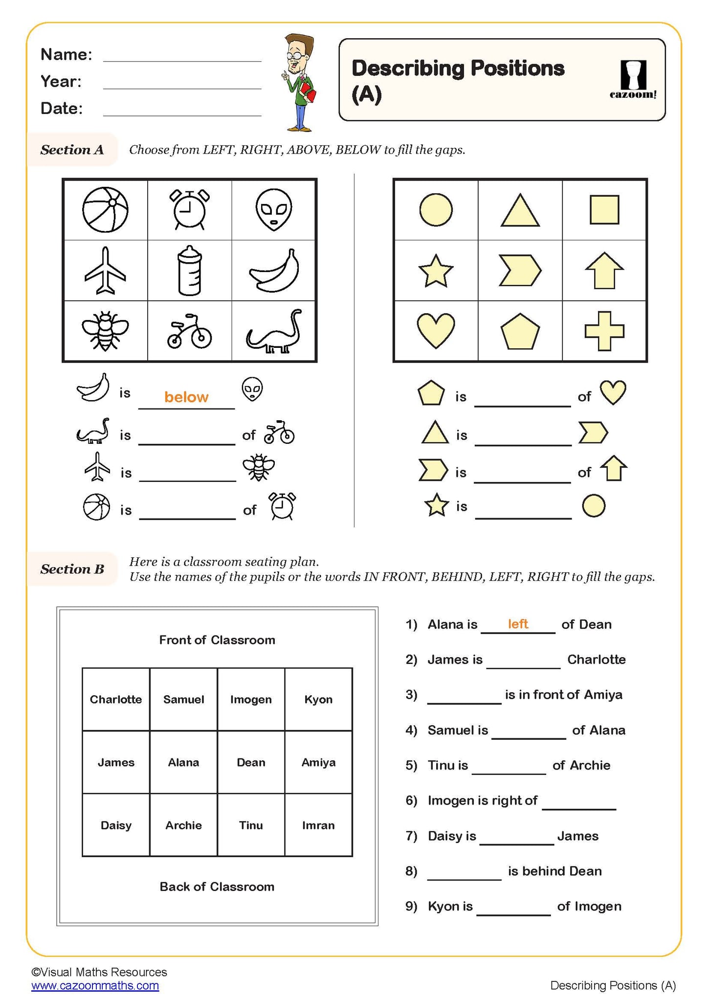 Describing Positions (A) Worksheet | Key Stage 1 PDF Geometry Worksheets