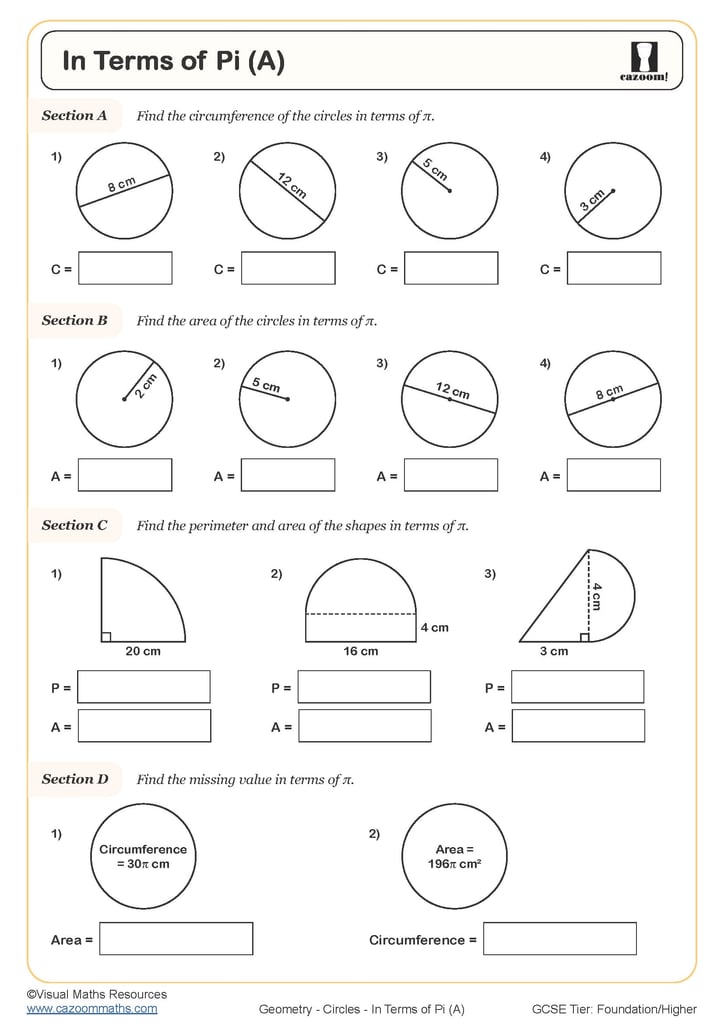In Terms of Pi (A) Worksheet | PDF Printable Worksheets