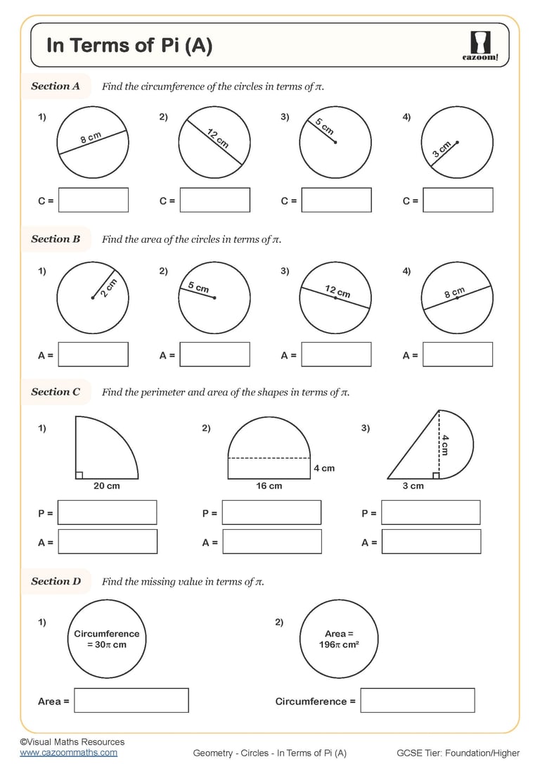 In Terms of Pi (A) Worksheet | PDF Printable Worksheets